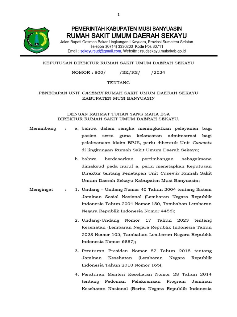 Draft SK Dir TTG Penetapan Unit Casemix | PDF