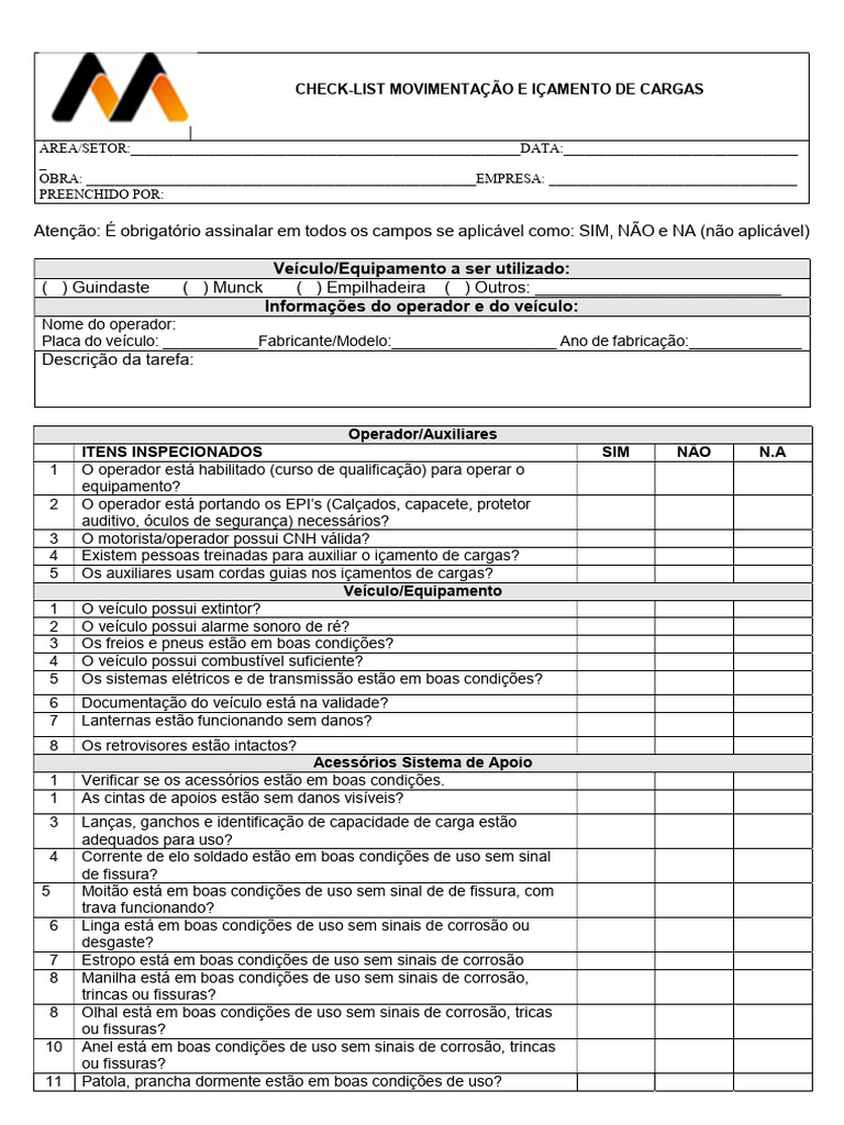 Check List Movimentação e Içamento de Cargas | PDF