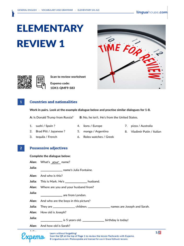 Elementary Review 1 American English Teacher | PDF | Linguistics | Grammar