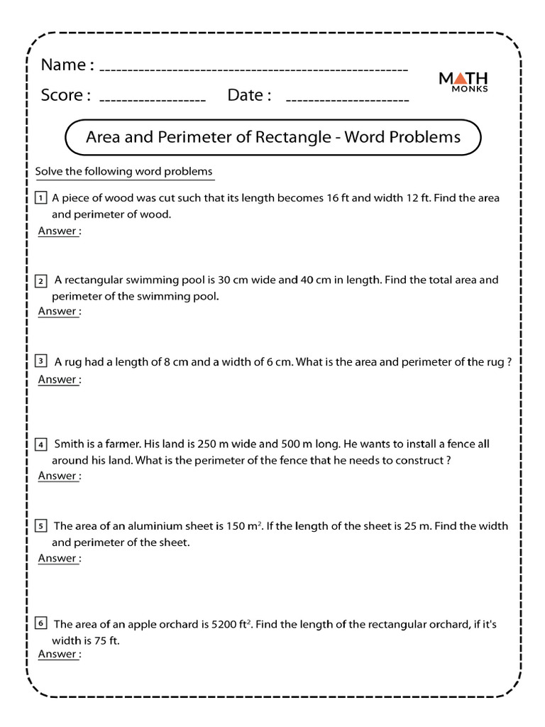 Area and Perimeter of Rectangle Word Problems Worksheet | PDF
