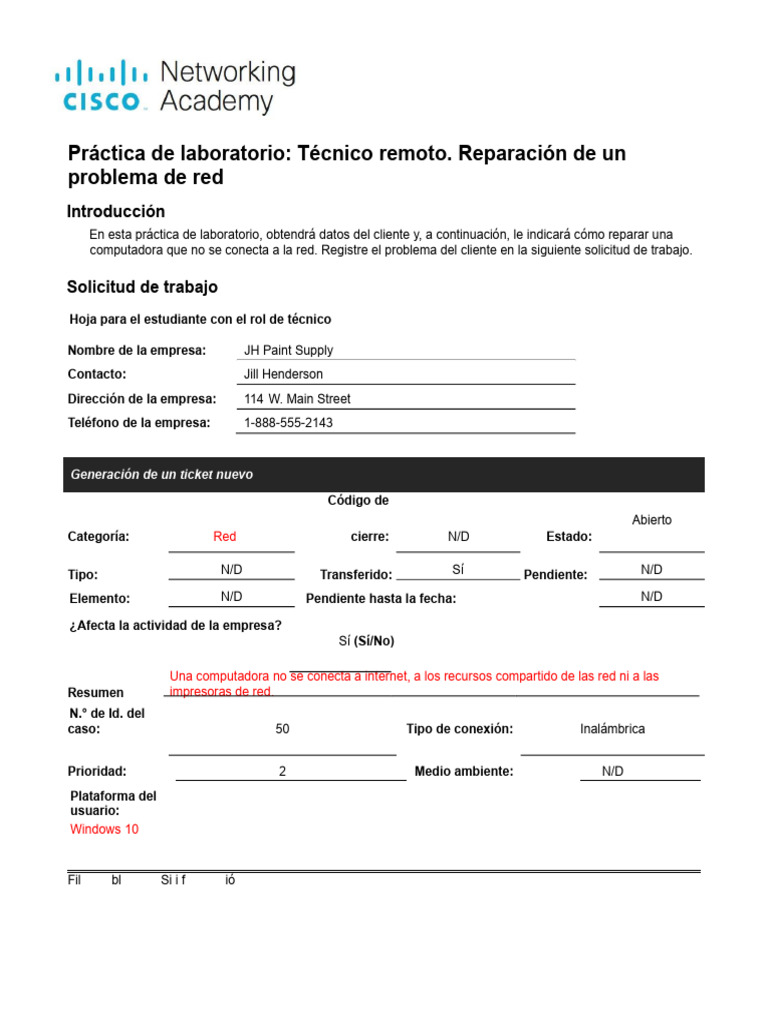 Práctica de Laboratorio: Técnico Remoto. Reparación de Un Problema de Red | PDF | Red de ...