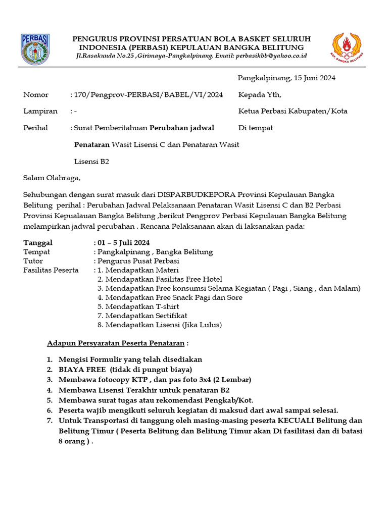 Surat Perubahan Jadwal Penataran Wasit Lisensi C Dan b2 | PDF
