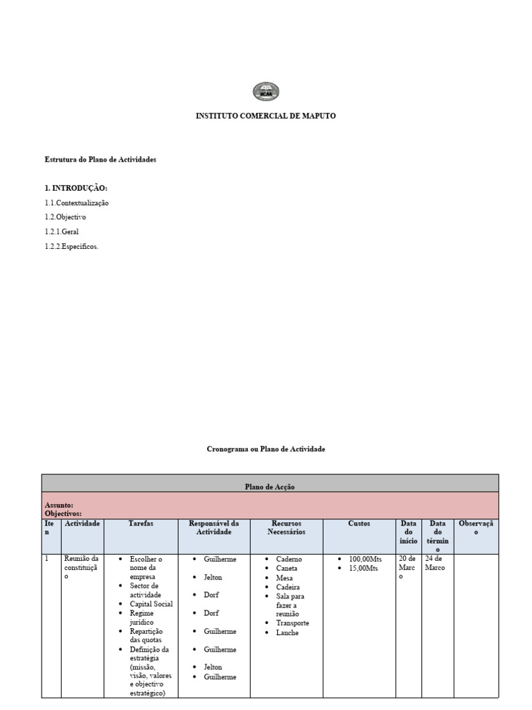 Plano de Accao para o projecto integrado_113749 | PDF