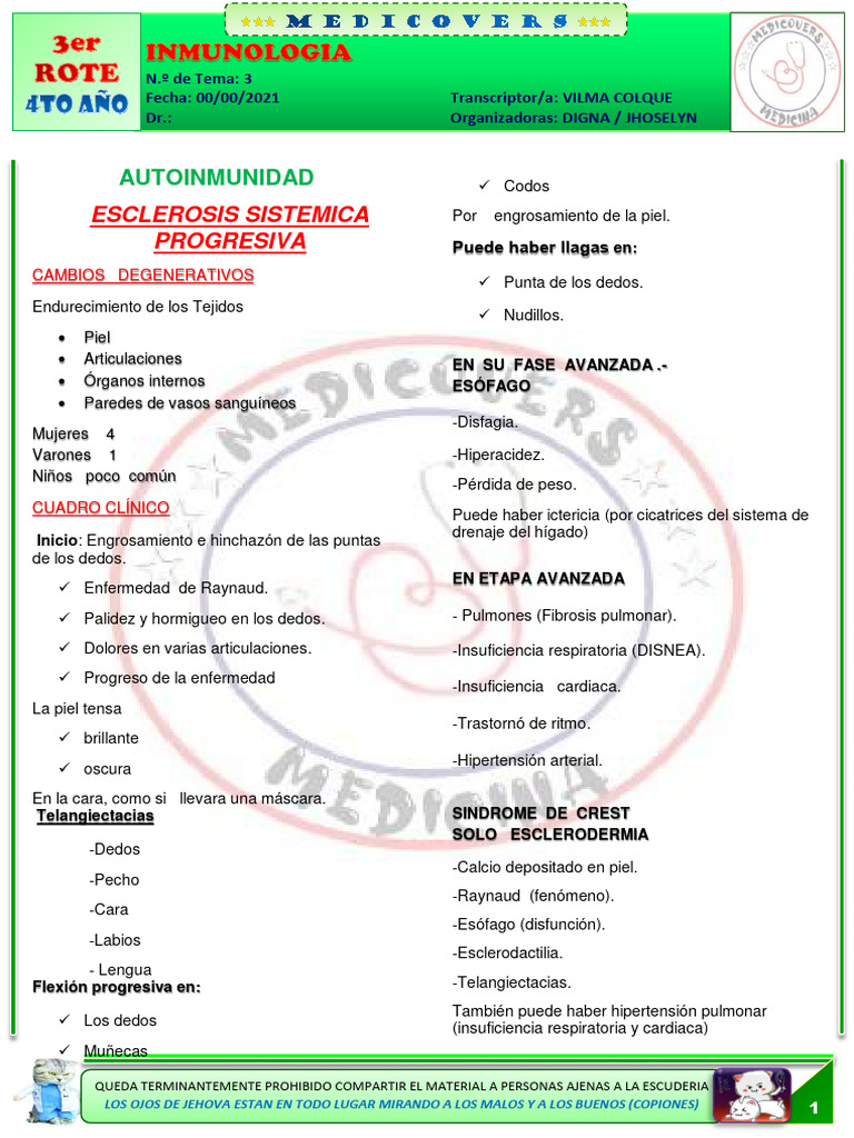 INMUNOLOGIA 3 ESCLEROSIS SISTEMICA PROGRESIVA MEDICOVERS 2021 | PDF | Medicina | Enfermedades y ...