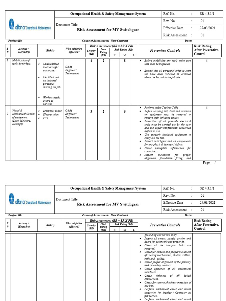 01.risk Assessment - MV For Switchgear | PDF | Occupational Safety And Health | Risk