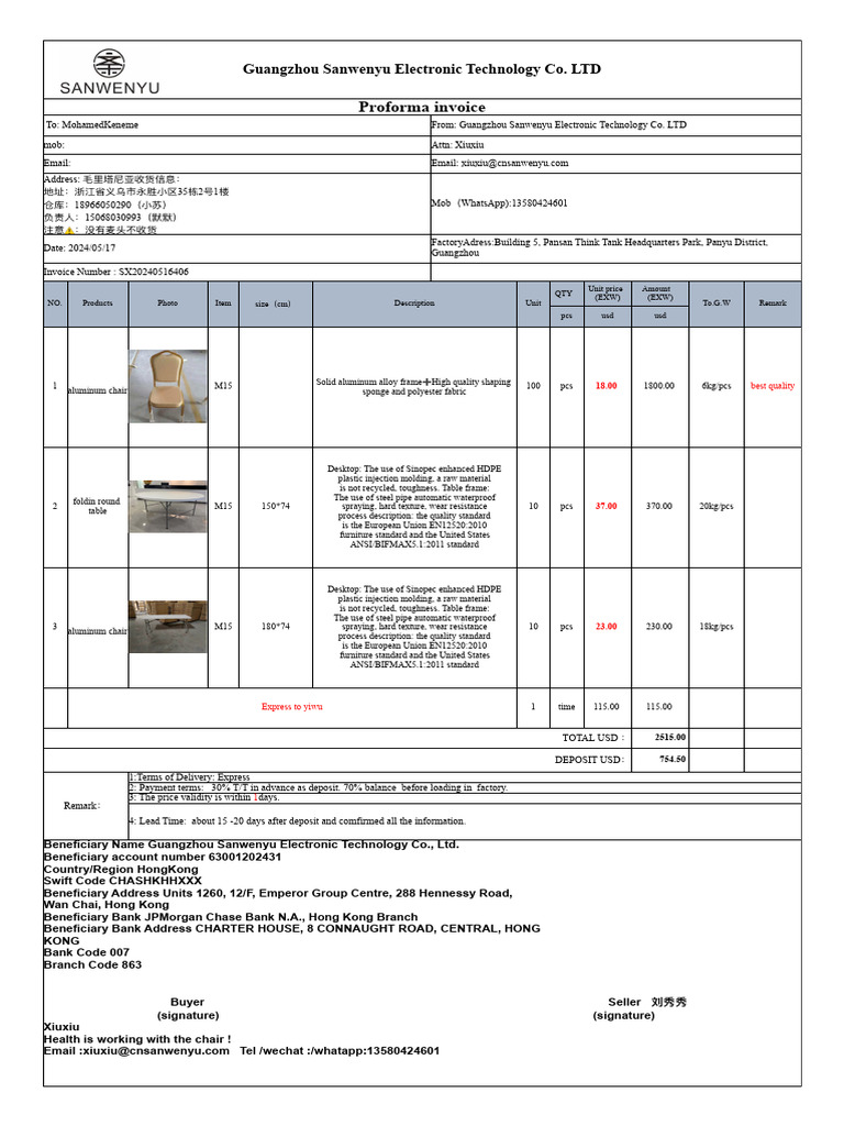 Proforma Invoice: Guangzhou Sanwenyu Electronic Technology Co. LTD | PDF | Materials | Building ...