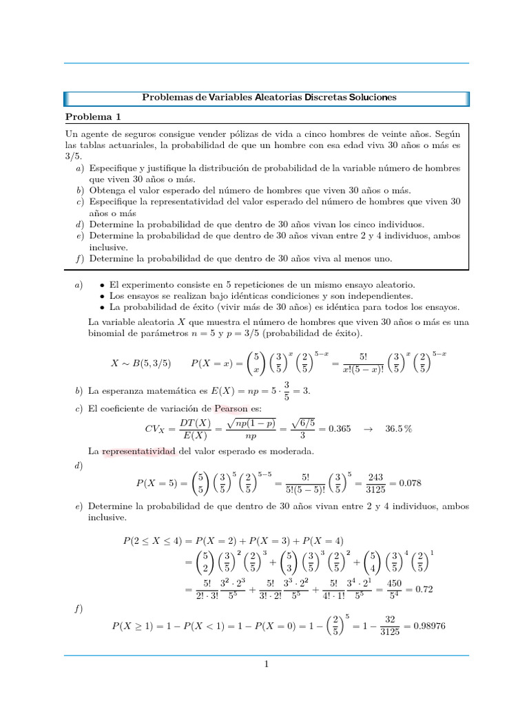 Problemas de Variables Aleatorias Discretas Soluciones 2 | PDF | Enseñanza de matemática ...
