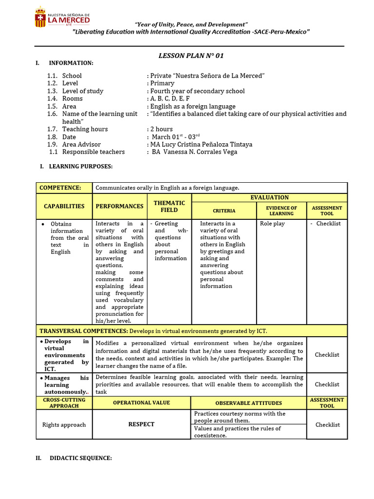 I Term - Lesson Plan 01 - Unit 01 - 5TG Grade | PDF | Educational ...