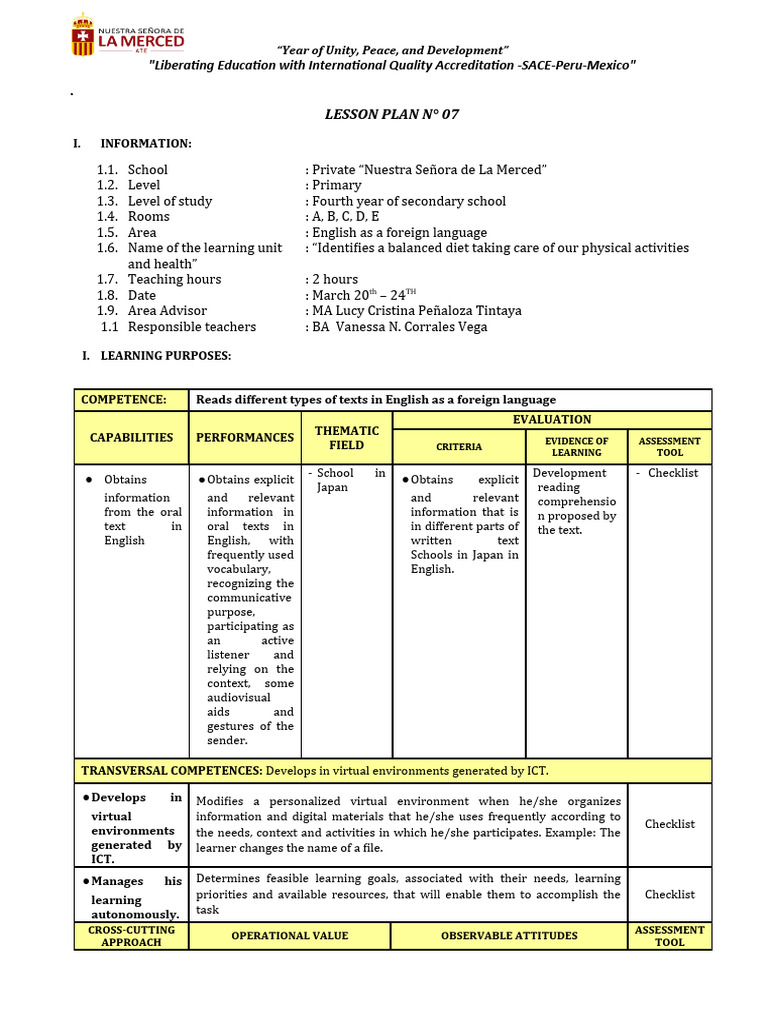 I Term - Lesson Plan 07 Unit 01 - 5TH Grade - Corrales | PDF ...