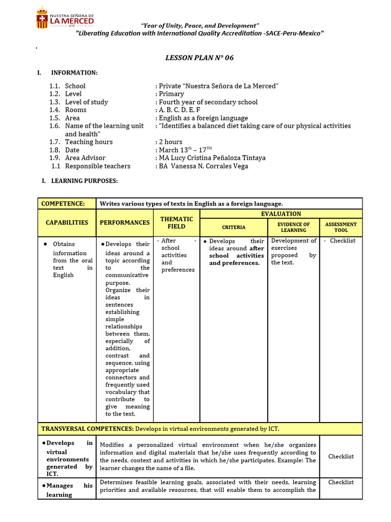 English Lesson Plan Balanced Diet PDF Educational Technology