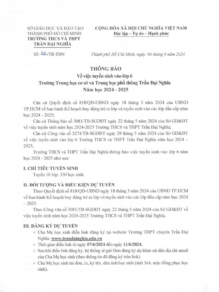 Thong Bao Tuyen Sinh Lop 6 | PDF