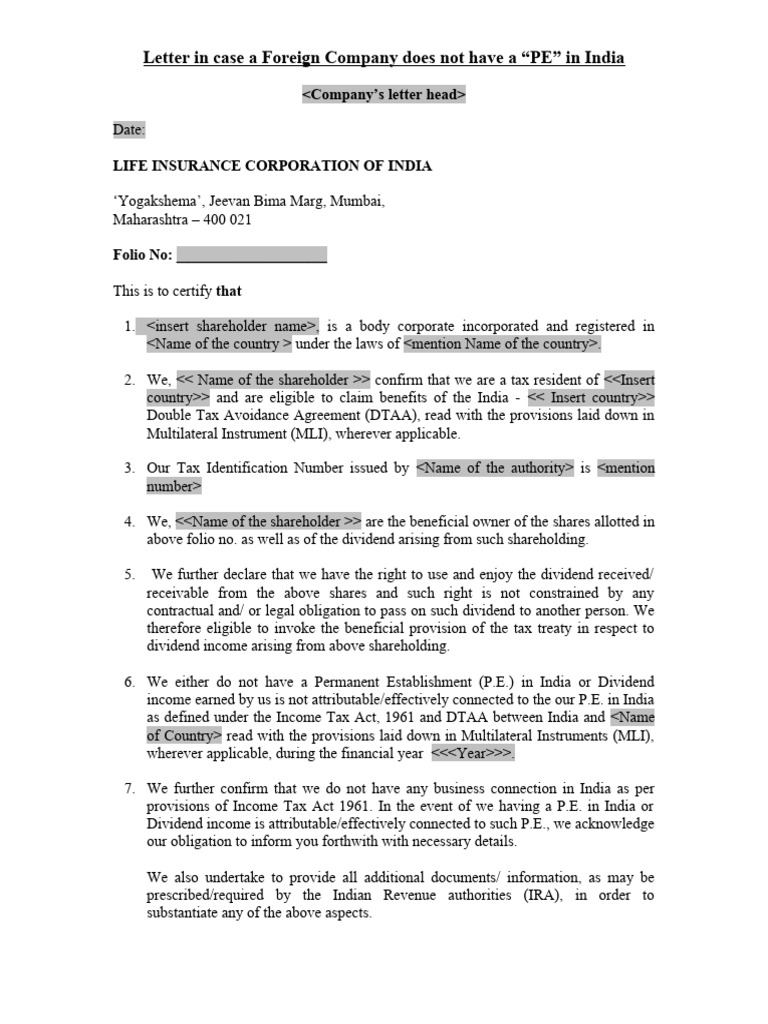 Corporate Declaration No PE and Beneficial Ownership 2 | PDF | Tax ...