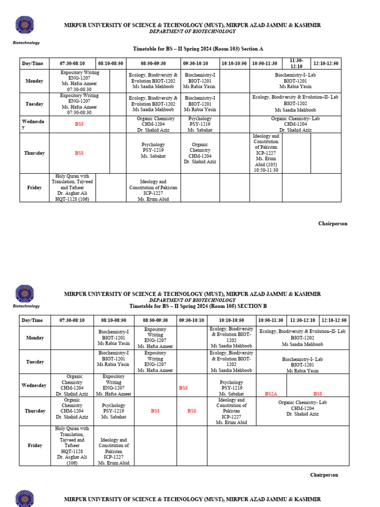 Biotechnology Timetable Spring 2024 | PDF | Biology | Life Sciences