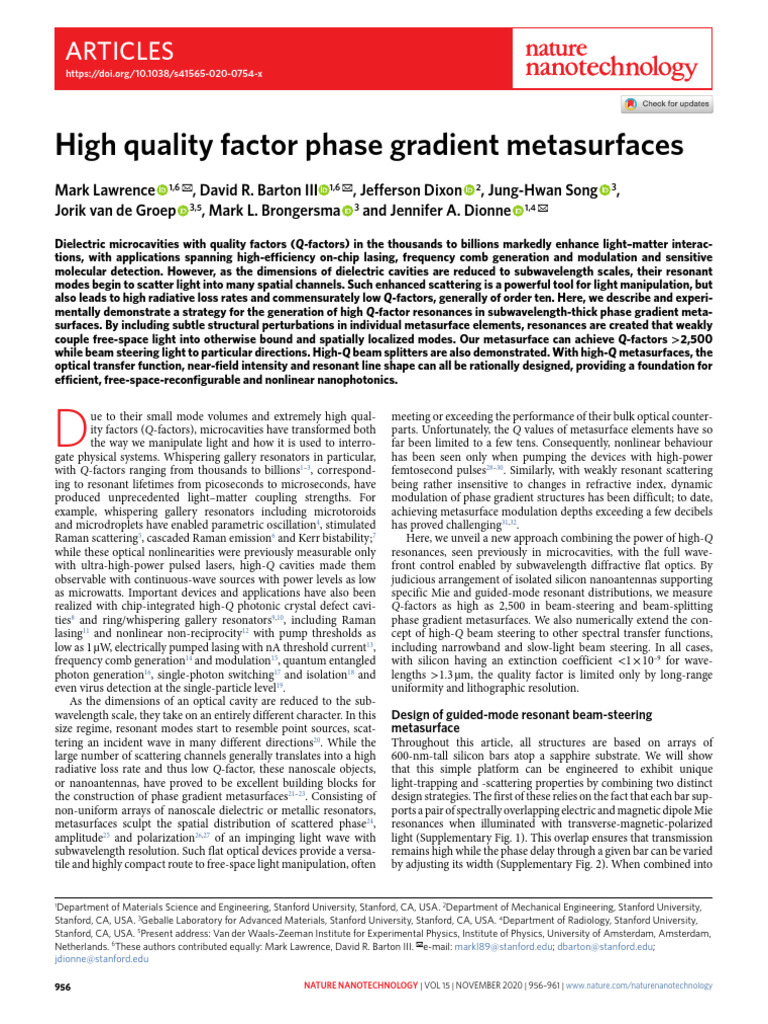 High-Q Phase Gradient Metasurfaces | PDF | Laser | Wavelength