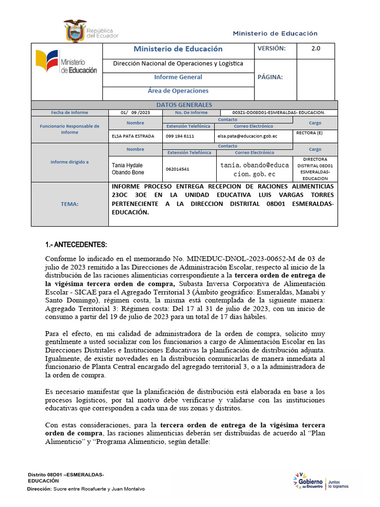 Modelo de Informe Tercera Entrega Colacion Escolar | PDF | Ciencias ...