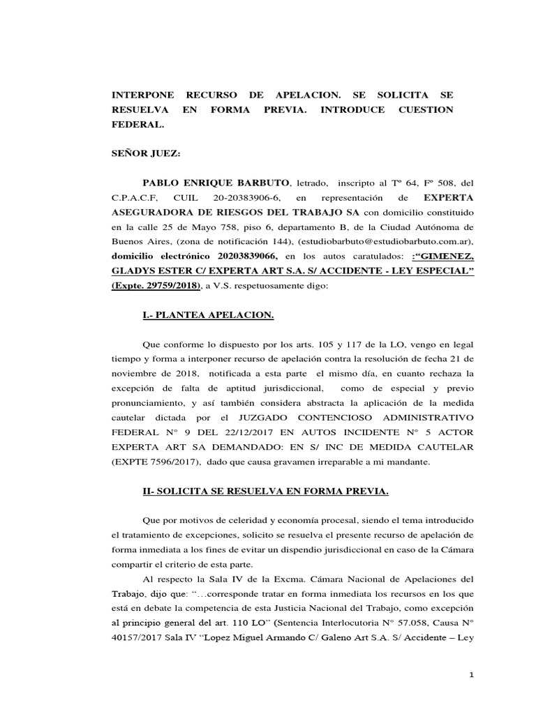 MODELO Apela y Expresa Agravios ART | PDF | Debido al proceso ...