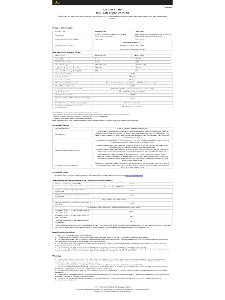 Liv Credit Card Key Facts Statement Kfs English | PDF | Credit Card | Annual Percentage Rate