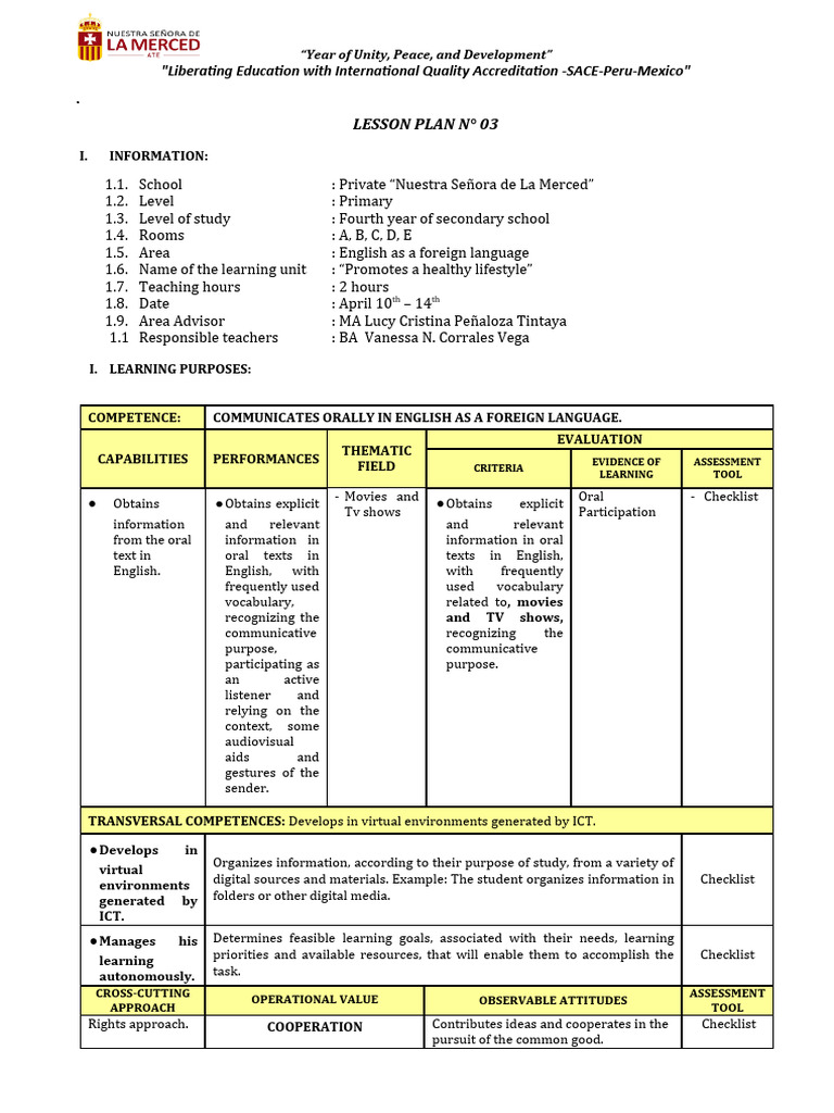 I Term - Lesson Plan 3 Unit 02 - 5TH Grade - Corrales | PDF ...