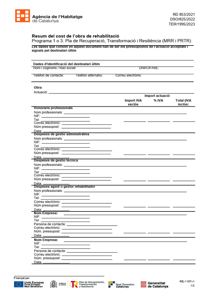 RE 1167 Resum Cost Obra Rehabilitacio | PDF