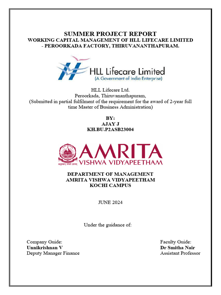 SUMMER PROJECT REPORT Front Page | PDF | Analytics | Working Capital
