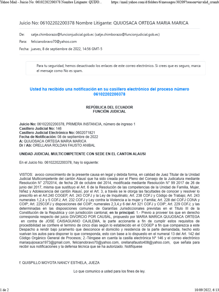 Juicio No 06102202200378 QUIJOSACA ORTEGA MARIA MARICA | PDF | Gobierno ...