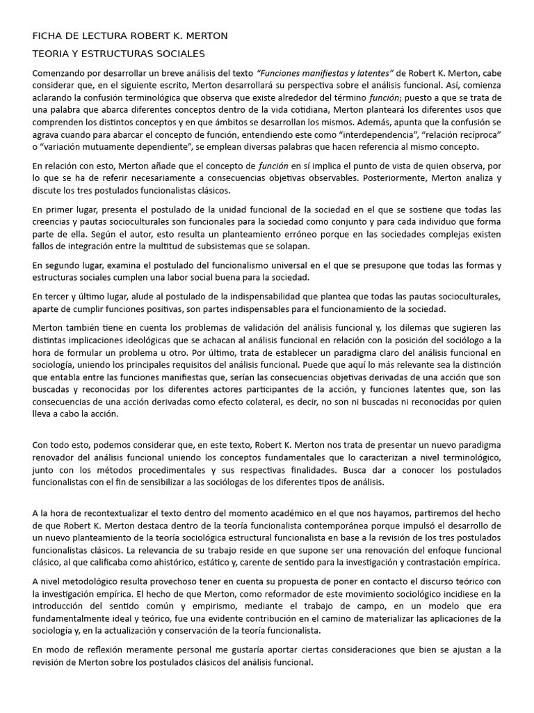 Ficha de Lectura Robert Kmerton | PDF | Sociedad | Sociología