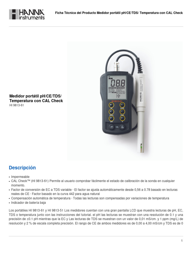 Medidor HI 9813-61: pH, CE, TDS y Temp. | PDF | Sensor | Ingenieria ...