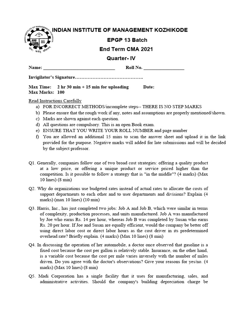 CMA End Term Exam Question Paper 2021 | PDF | Economies | Business ...