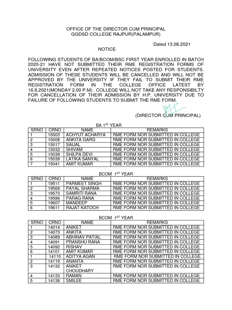 Ba Bcom BSC Batch 2020-21 Defaulters List of Rme Registration Form | PDF