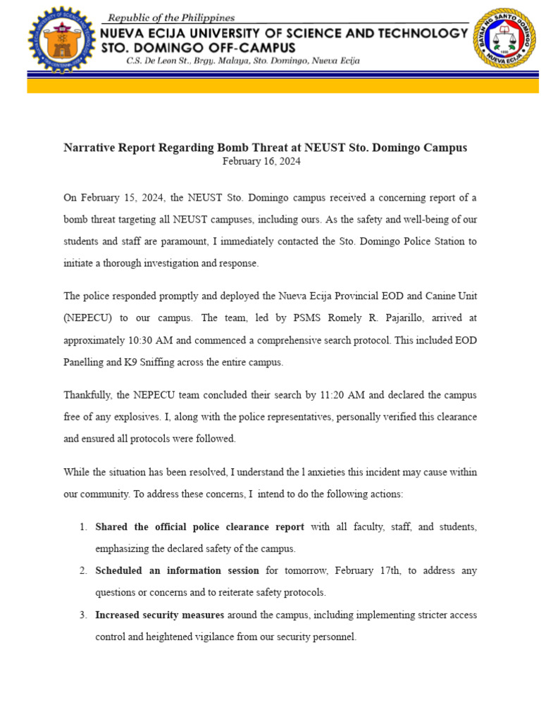 NEUST Bomb Threat Response Report | PDF