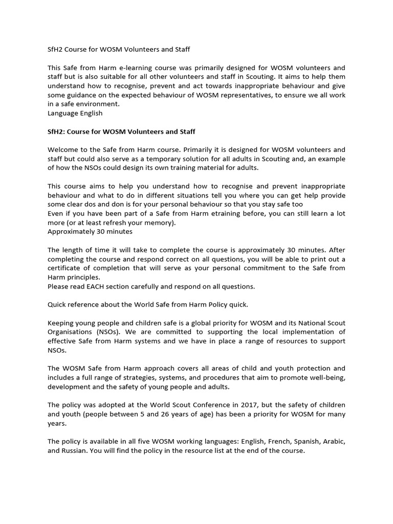 WOSM Safe from Harm Training Course | PDF | Bullying | Social Psychology