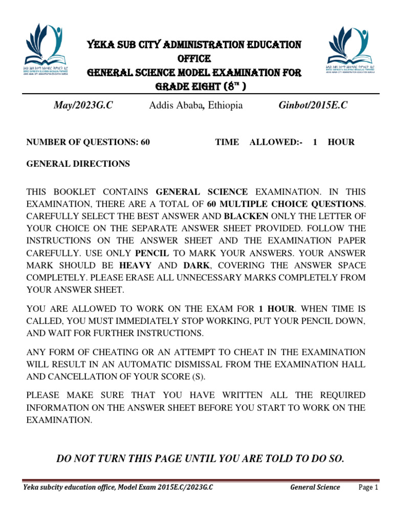 Grade 8 Science Exam Yeka 2023 | PDF | Planets | Solar System