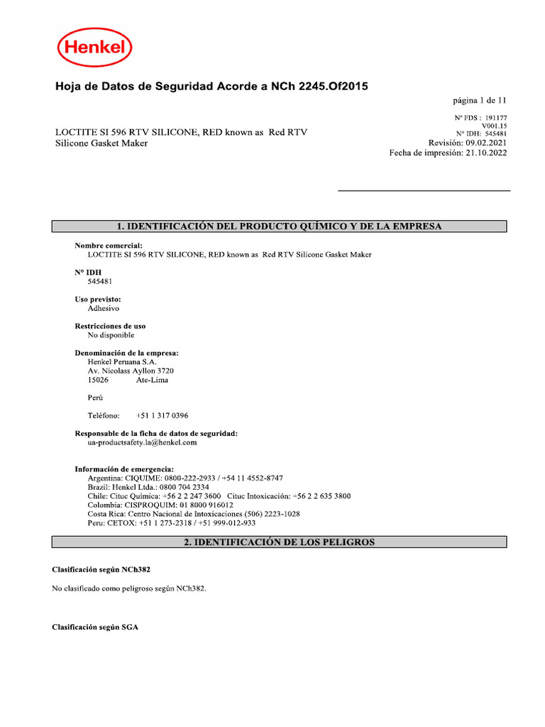 HOJA-DE-SEGURIDAD-LOCTITE-SI-596 | PDF