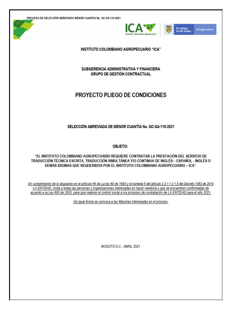Proyecto Pliego de Condiciones Traductores | PDF