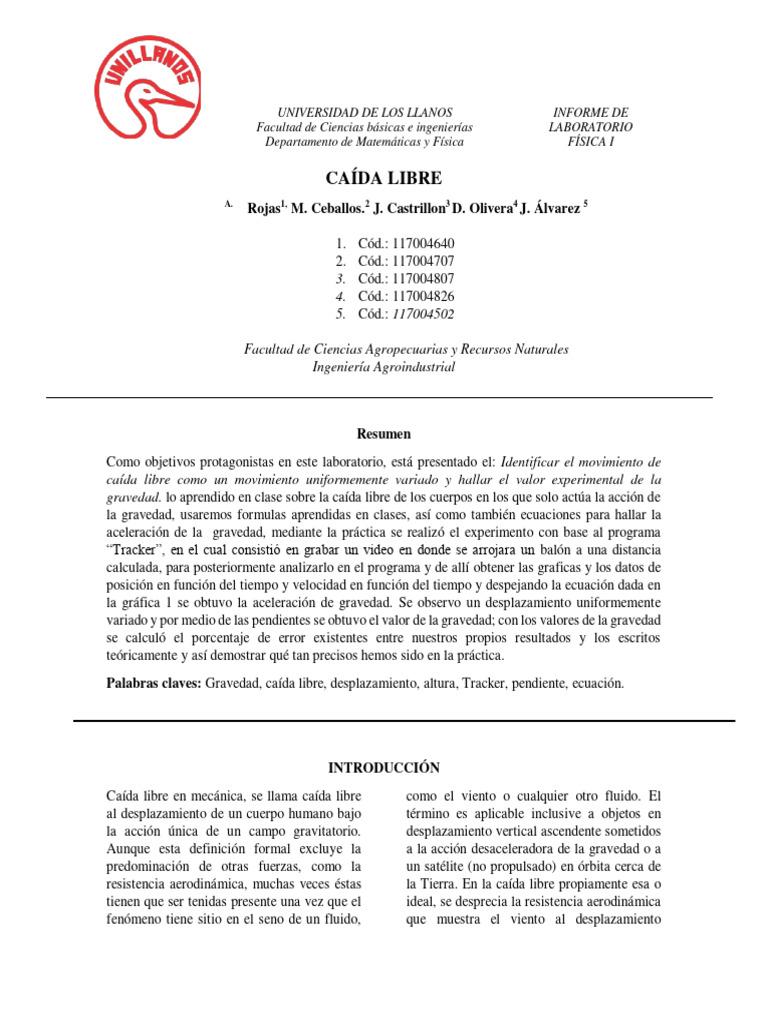 Informe Caida Libre | PDF | Gravedad | Mecánica