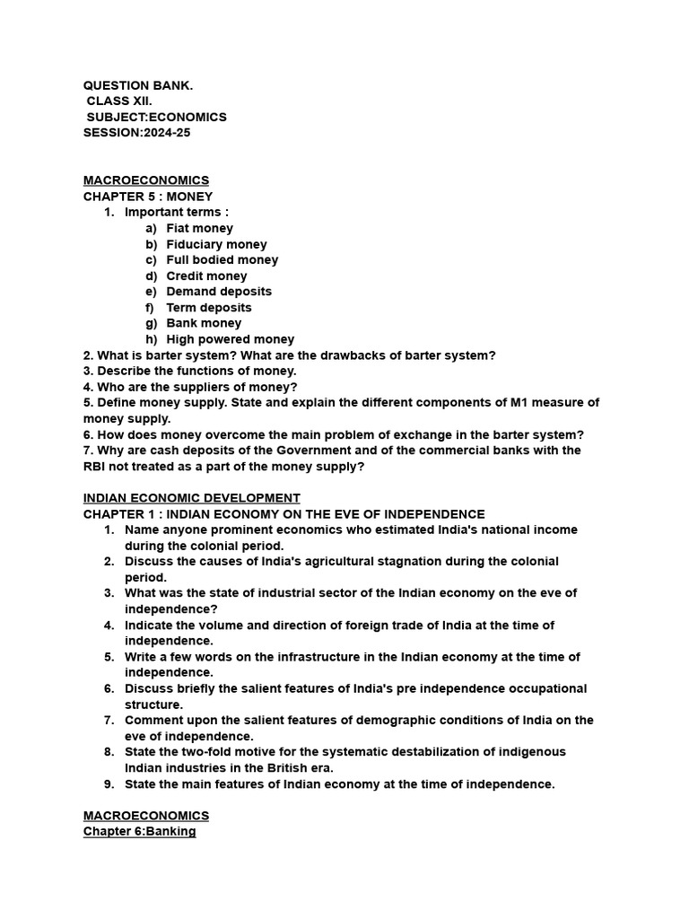 Question Bank - ECO.XII.2024-25 | PDF | Money | Money Supply