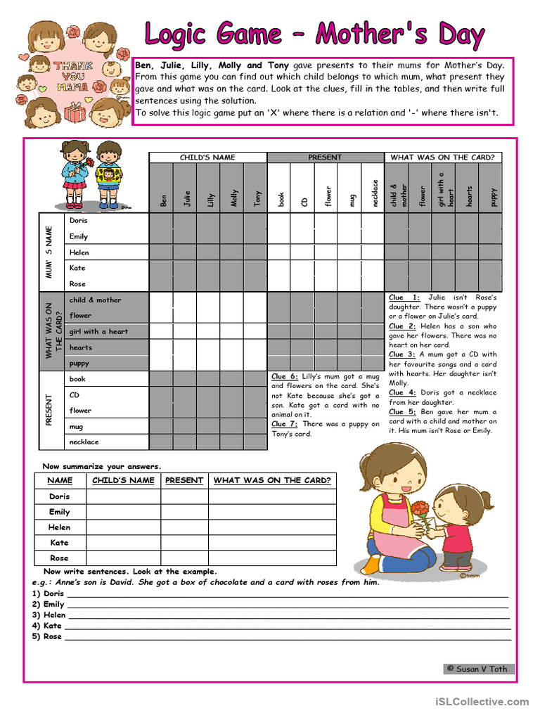 Logic Game (37th) - Mother S Day For Elementary Ss With Key Fully ...