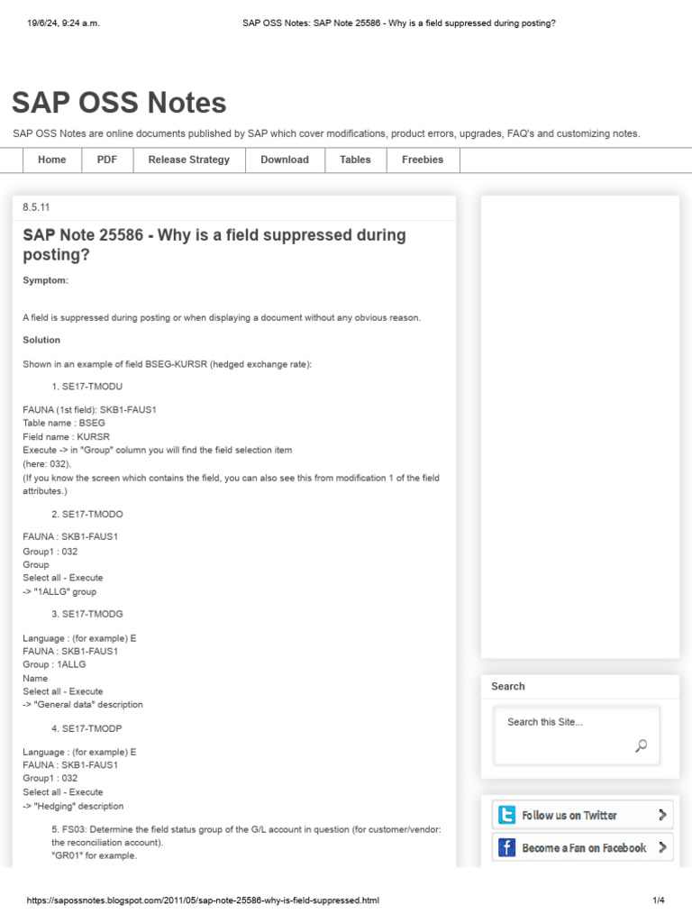 SAP OSS Note 25586: Field Suppression Guide | PDF | Database ...