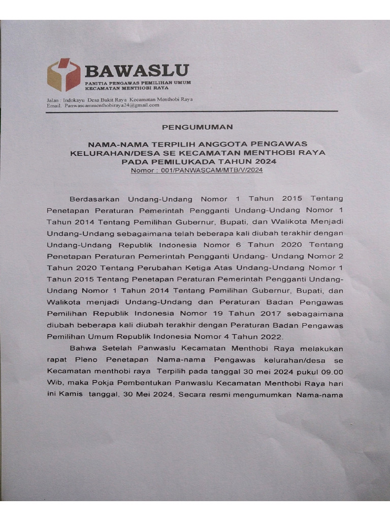 Pengumuman PKD Terpilih 2024 Pada Pilkada Serentak | PDF