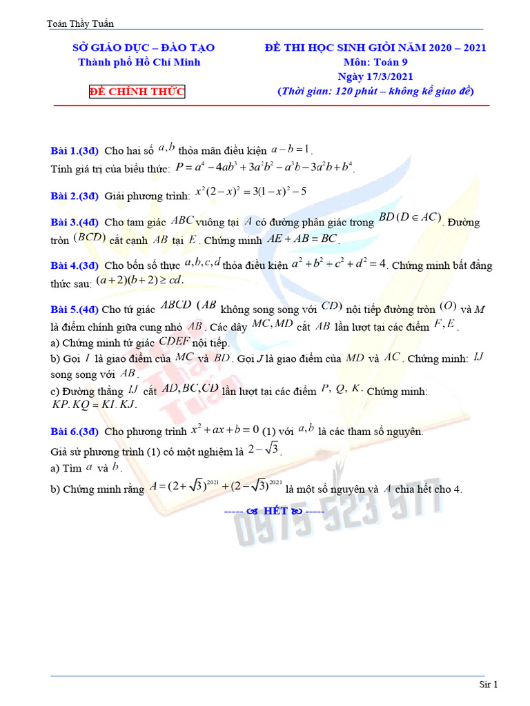 De Thi HSG TPHCM Nam 2020 2021 Co Dap An | PDF
