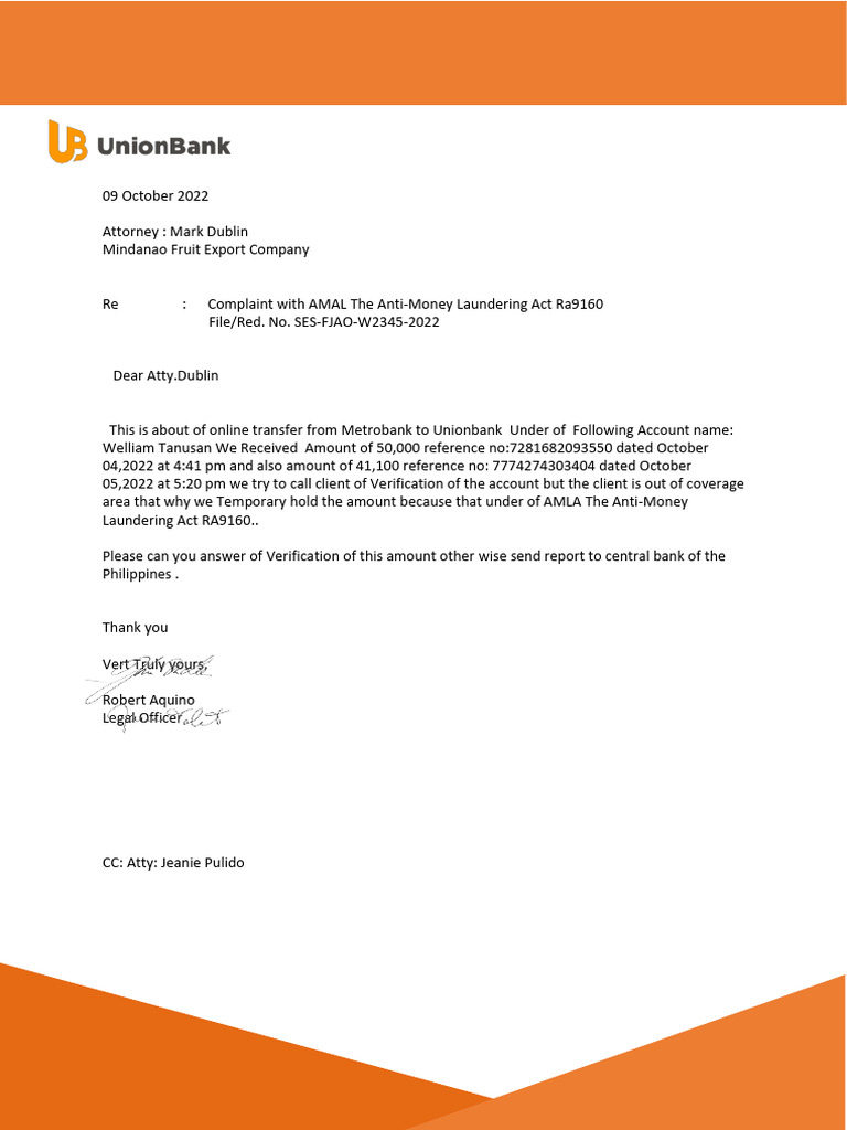 Union Bank Complaint Regarding AML Verification | PDF