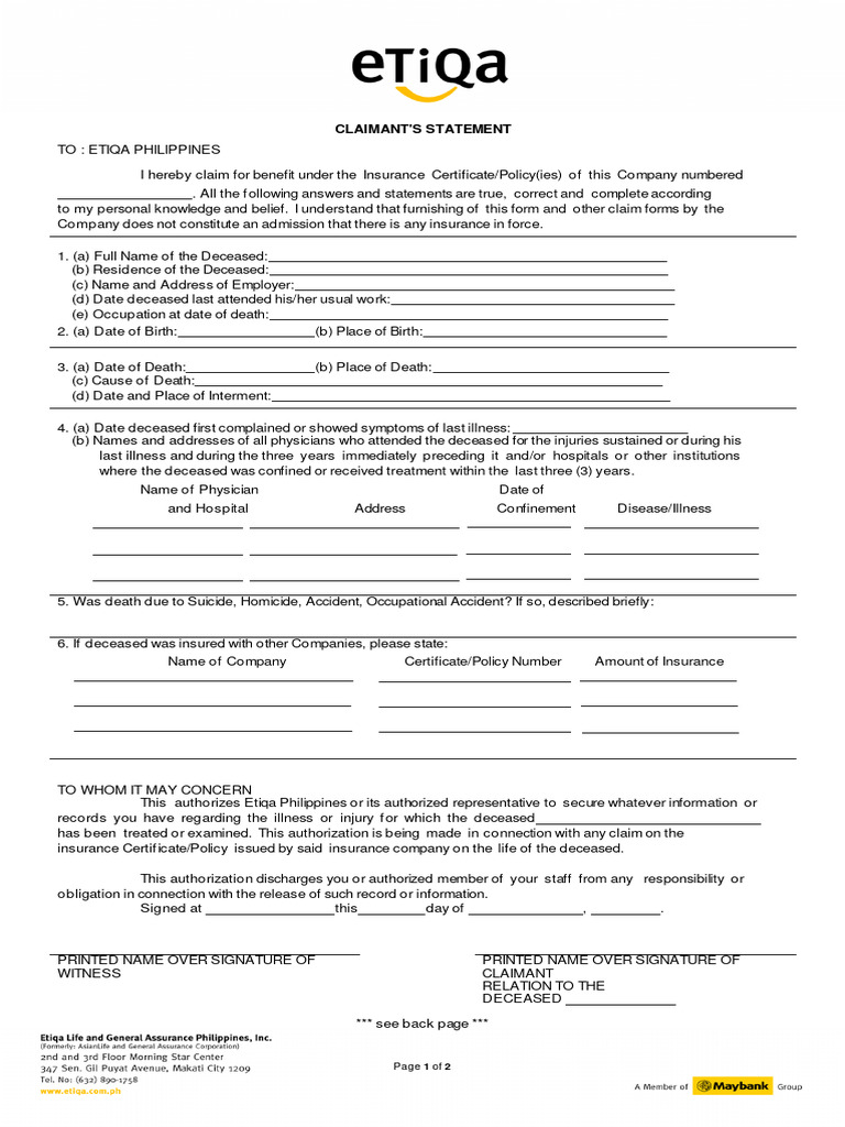 Etiqa-Claimant's Statement V1-0 | PDF | Justice | Crime & Violence