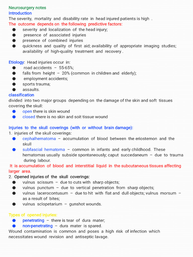 Neurosurgery Notes Head Injuries | PDF