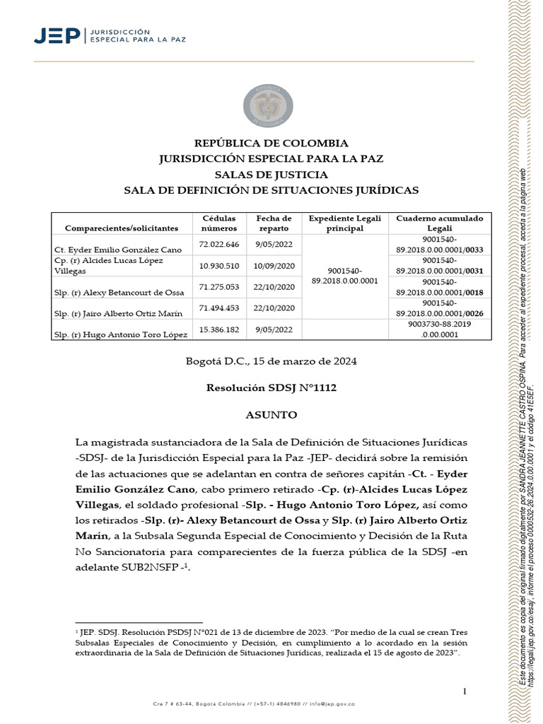 Resolución sobre Expediente Legali JEP | PDF | Judicaturas | Separación ...