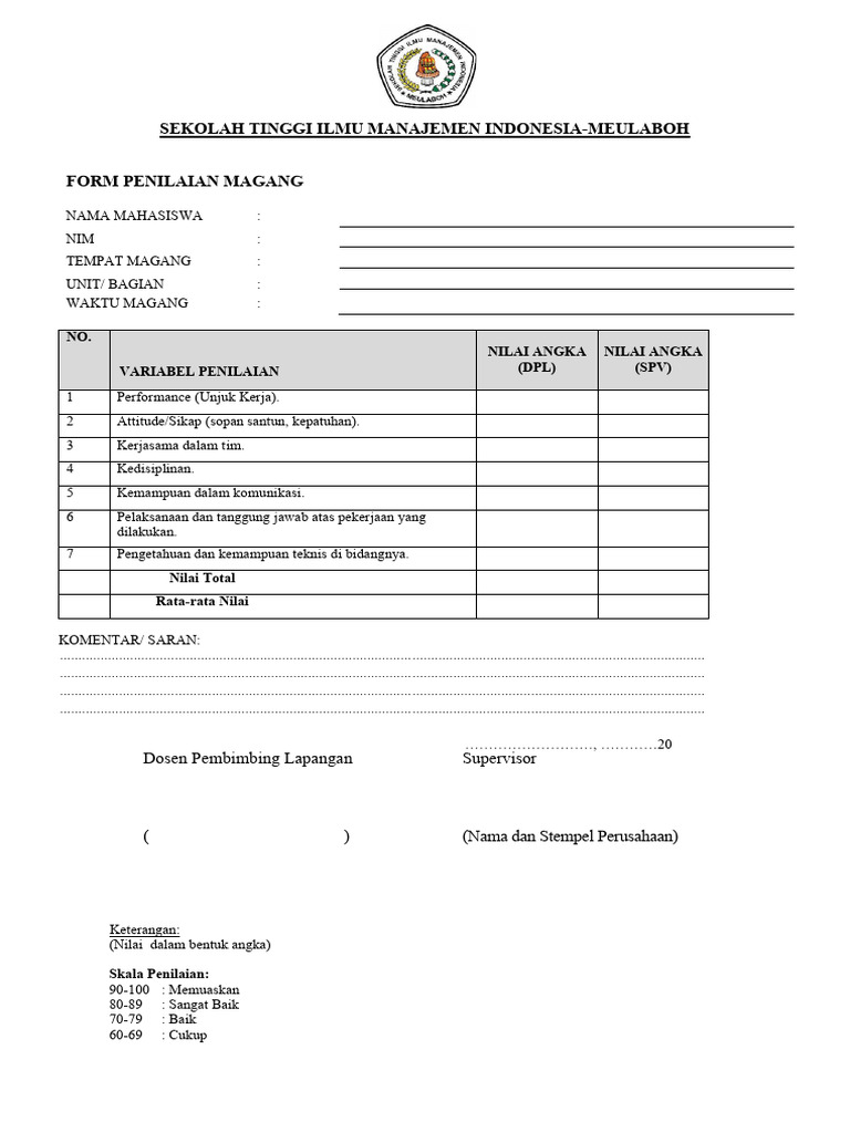 Form Penilaian Magang Mhs | PDF