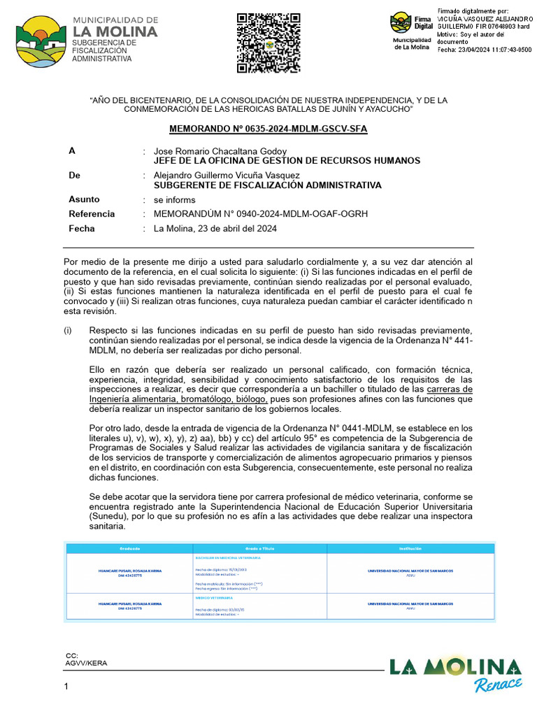 Memorando #0635-2024-Mdlm-Gscv-Sfa (R) | PDF | Alimentos | Lima