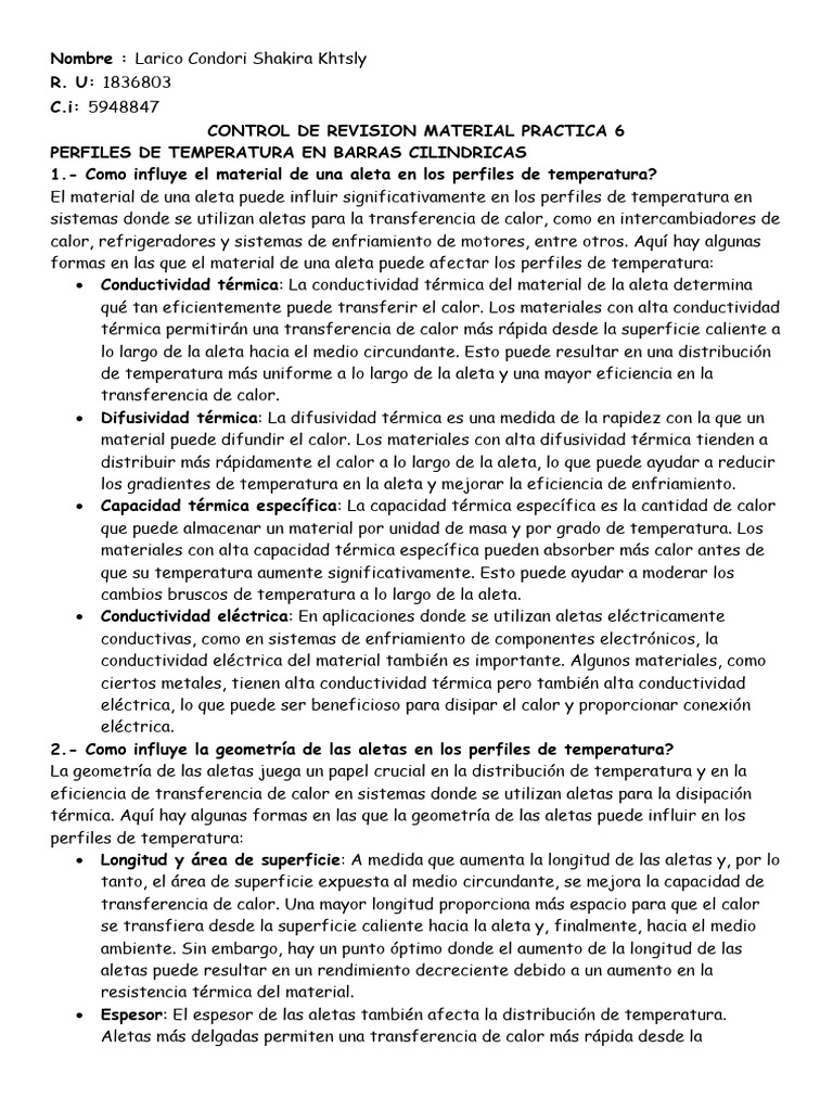 Practica 6 Perfiles en Barras Cilindricas | PDF | Transferencia de calor | Calor