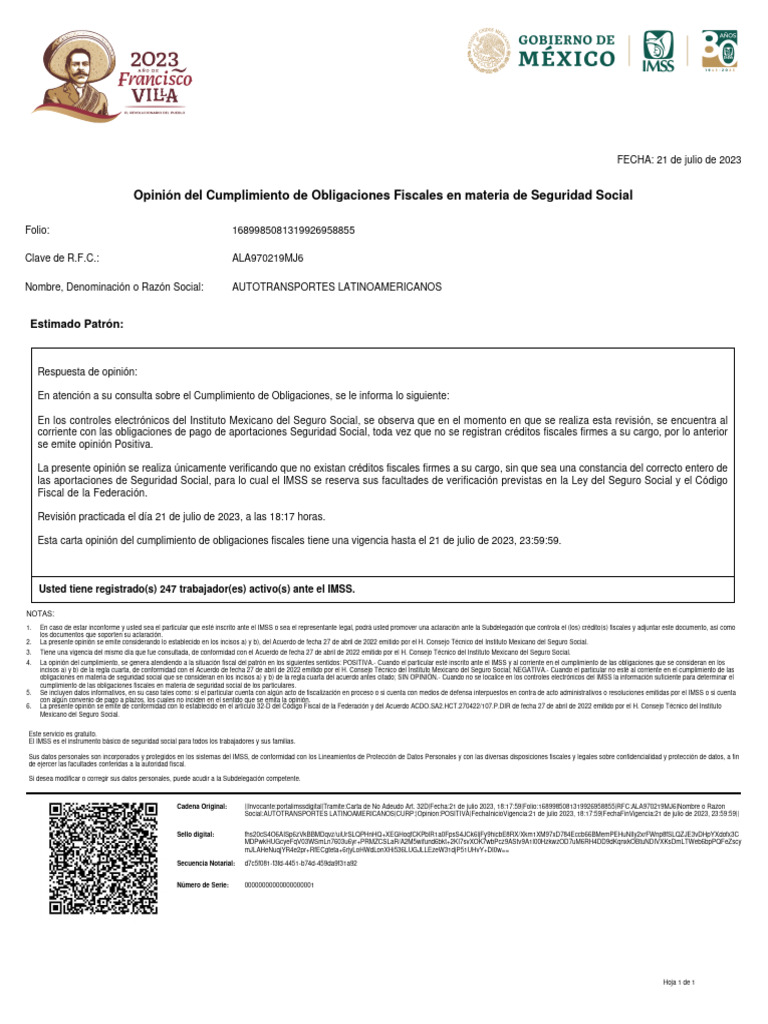 07 2023 Imss Opinion de Cumplimiento | PDF | Bienestar | Gobierno