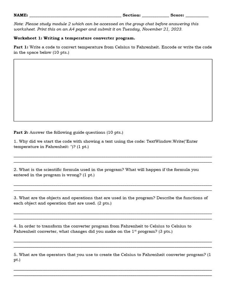 Prog 1 Quarter 2 Worksheet 1 | PDF | Fahrenheit