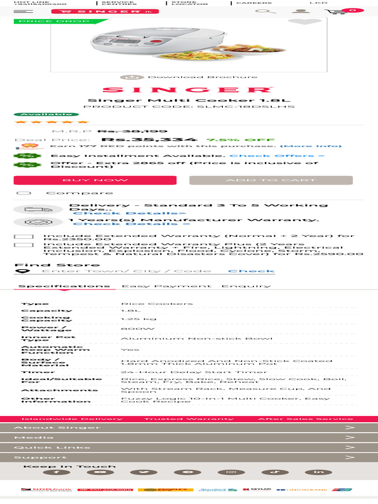 Buy Singer Multi Cooker 1.8L Online in Sri Lanka - SINGER | PDF